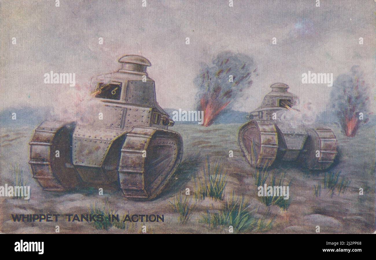 "Whippet tanks in action": First World War postcard, showing an artist ...