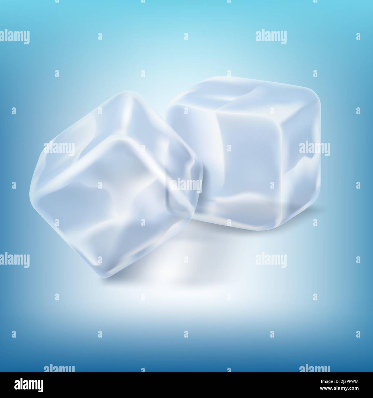 Set of realistic translucent ice cubes in blue color isolated on blue ...