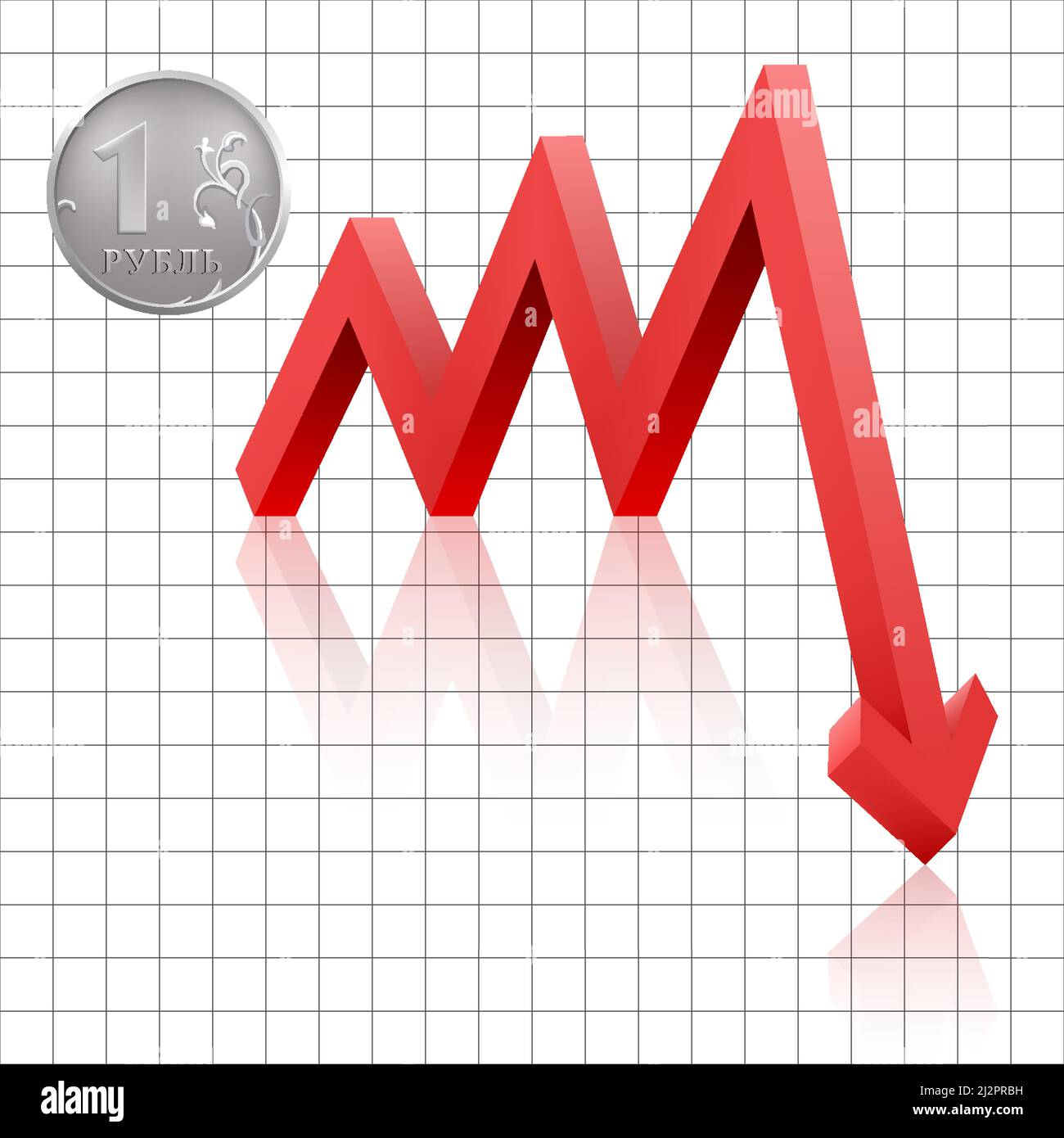 Russian ruble inflation. Realistic Ruble icon on red arrow that goes down. Sanctions and crisis ...