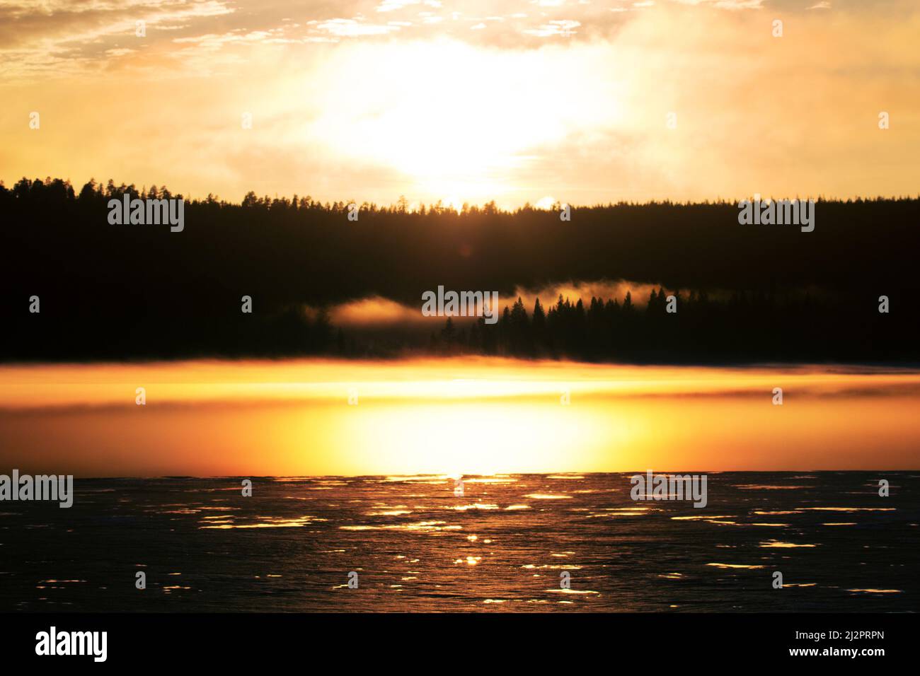Water-surface, ground-level fog over the lake, ice and coniferous ...
