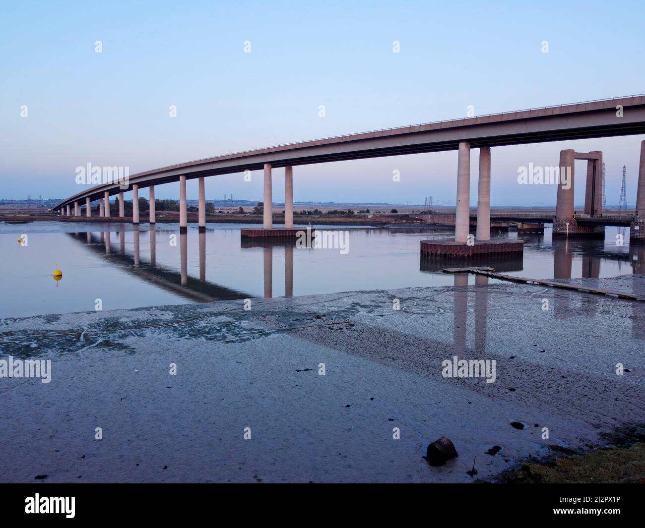 Aerial drone view of Kingsferry Bridge or Sheppey Crossing, double ...
