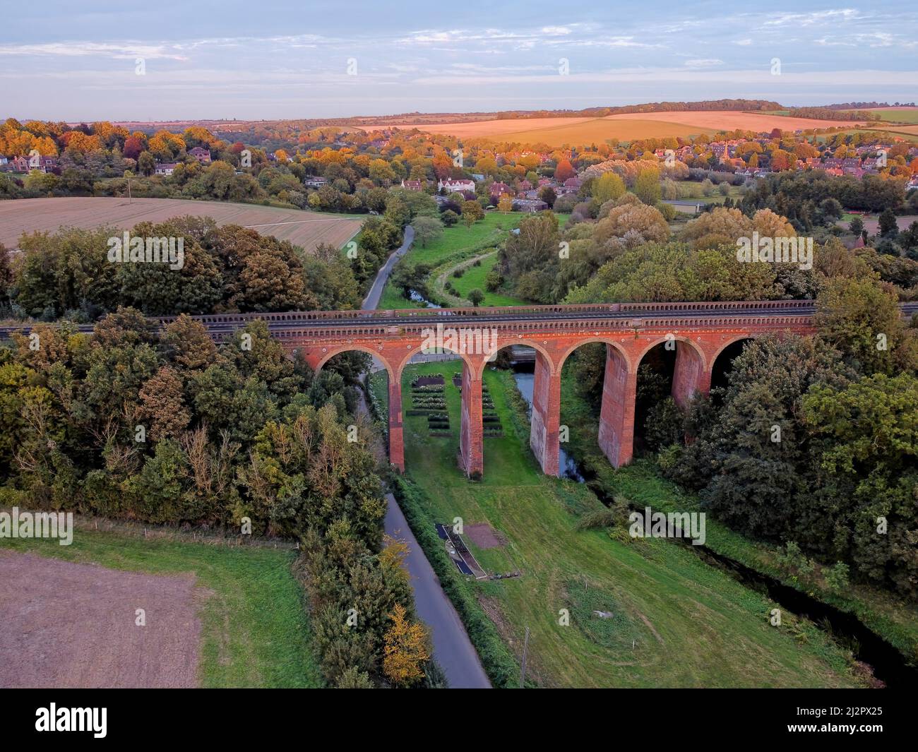 Aerial drone view of Eynsford viaduct, arched brick bridge for railway ...