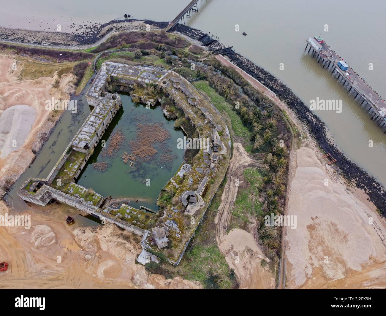 Aerial drone. Cliffe fort on the river Thames in Kent, England Stock ...