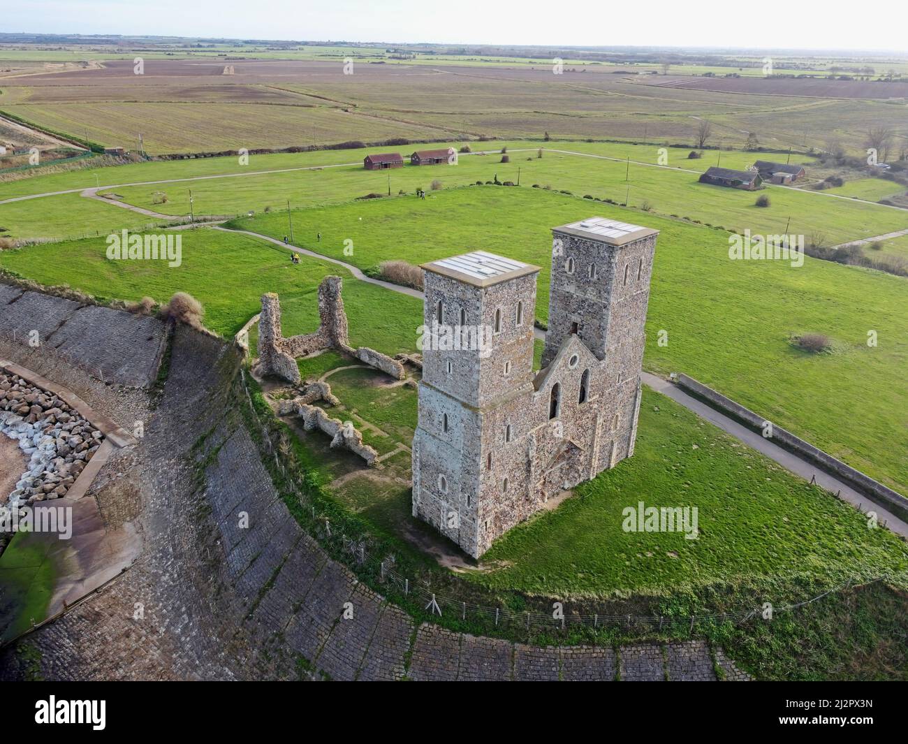 Aerial drone view of Reculver Towers and Park, near Herne Bay in Kent ...