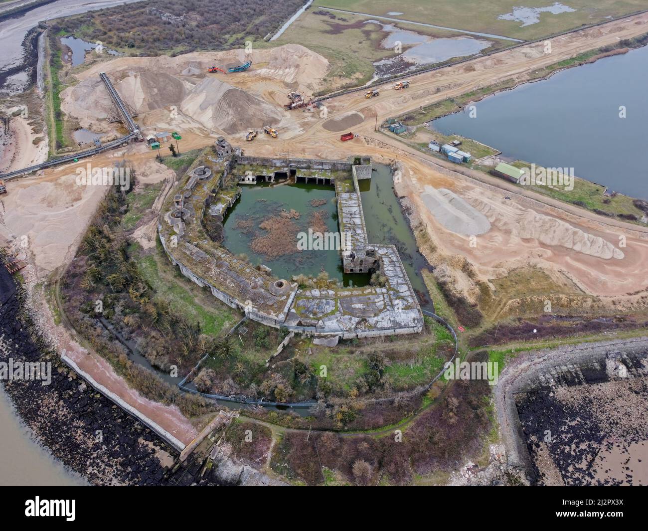 Aerial drone. Cliffe fort on the river Thames in Kent, England Stock ...