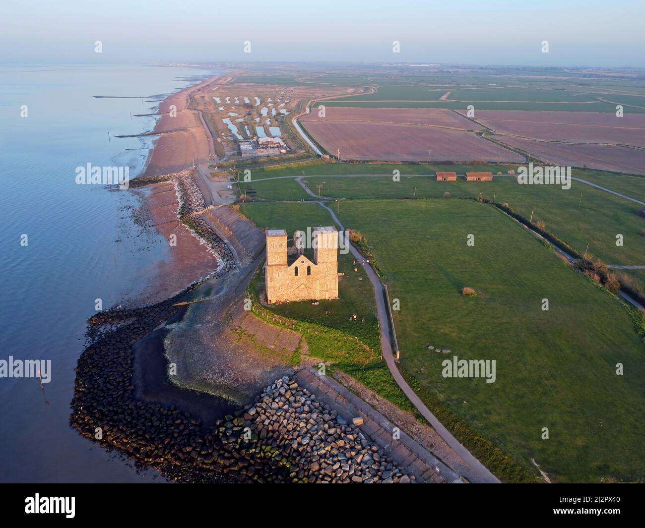 Aerial drone view of Reculver Towers and Park, near Herne Bay in Kent ...