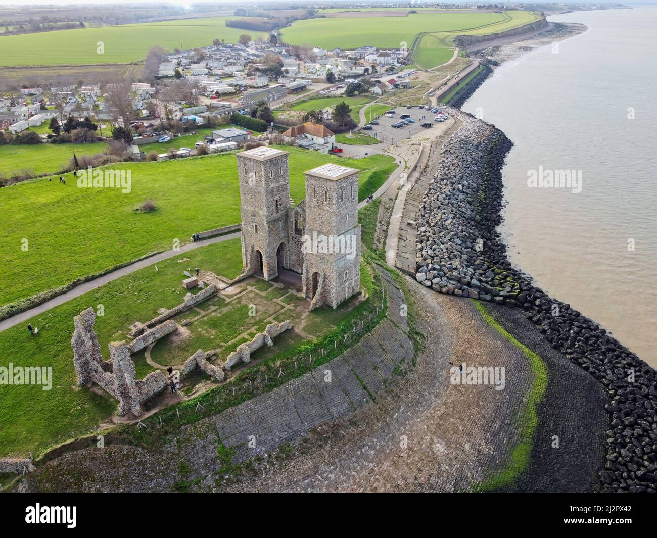 Aerial drone view of Reculver Towers and Park, near Herne Bay in Kent ...