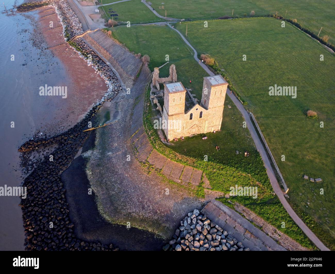 Aerial drone view of Reculver Towers and Park, near Herne Bay in Kent ...