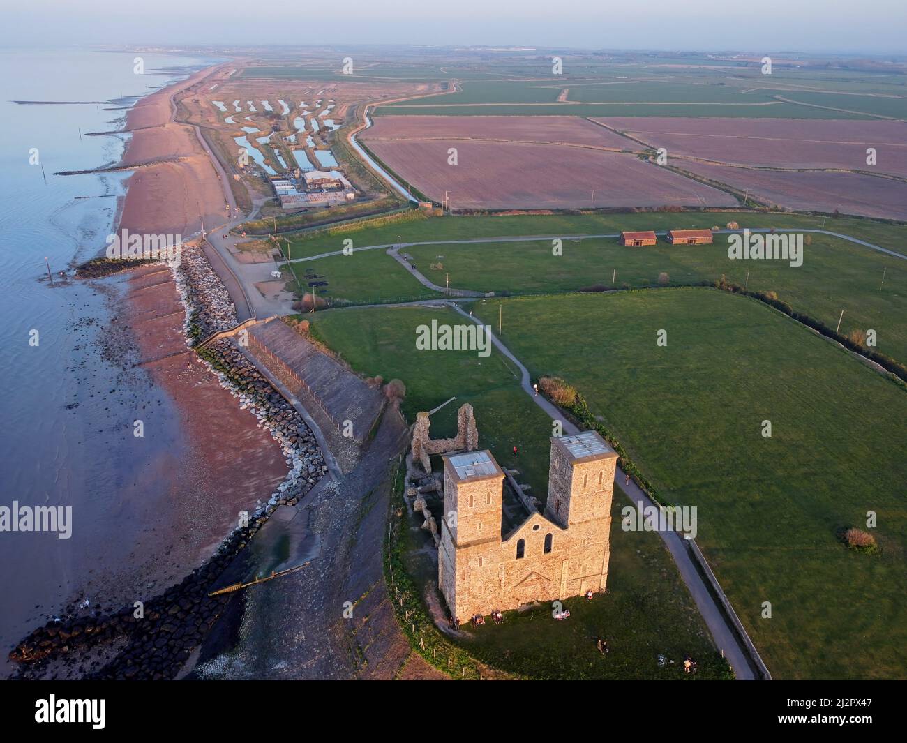Aerial drone view of Reculver Towers and Park, near Herne Bay in Kent ...