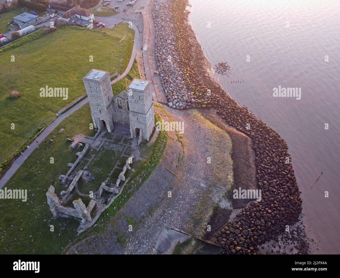 Aerial drone view of Reculver Towers and Park, near Herne Bay in Kent ...