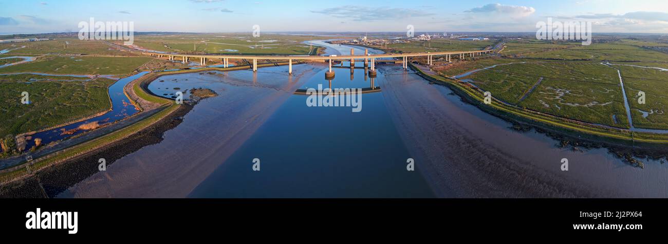 Aerial drone view of Kingsferry Bridge or Sheppey Crossing, double ...