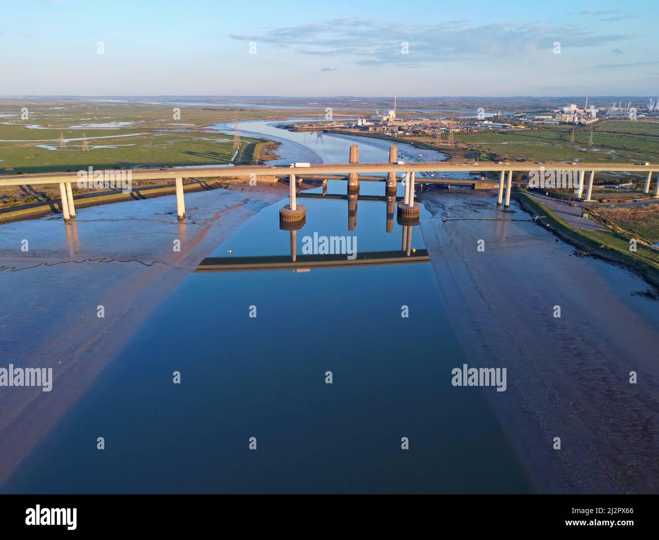 Aerial drone view of Kingsferry Bridge or Sheppey Crossing, double ...