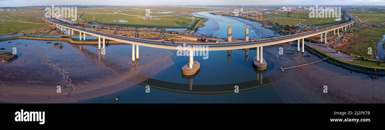 Aerial drone view of Kingsferry Bridge or Sheppey Crossing, double ...