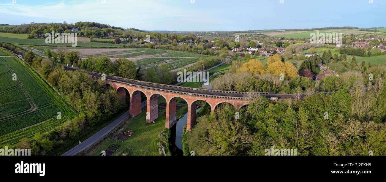 Aerial drone view of Eynsford viaduct, arched brick bridge for railway ...