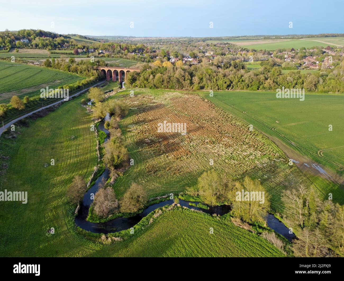 Aerial drone view of Eynsford viaduct, arched brick bridge for railway ...