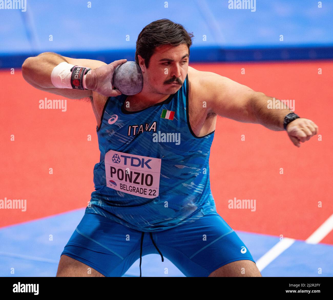 Nick Ponzio ITA competing in the men’s shot put on Day Two of the World ...