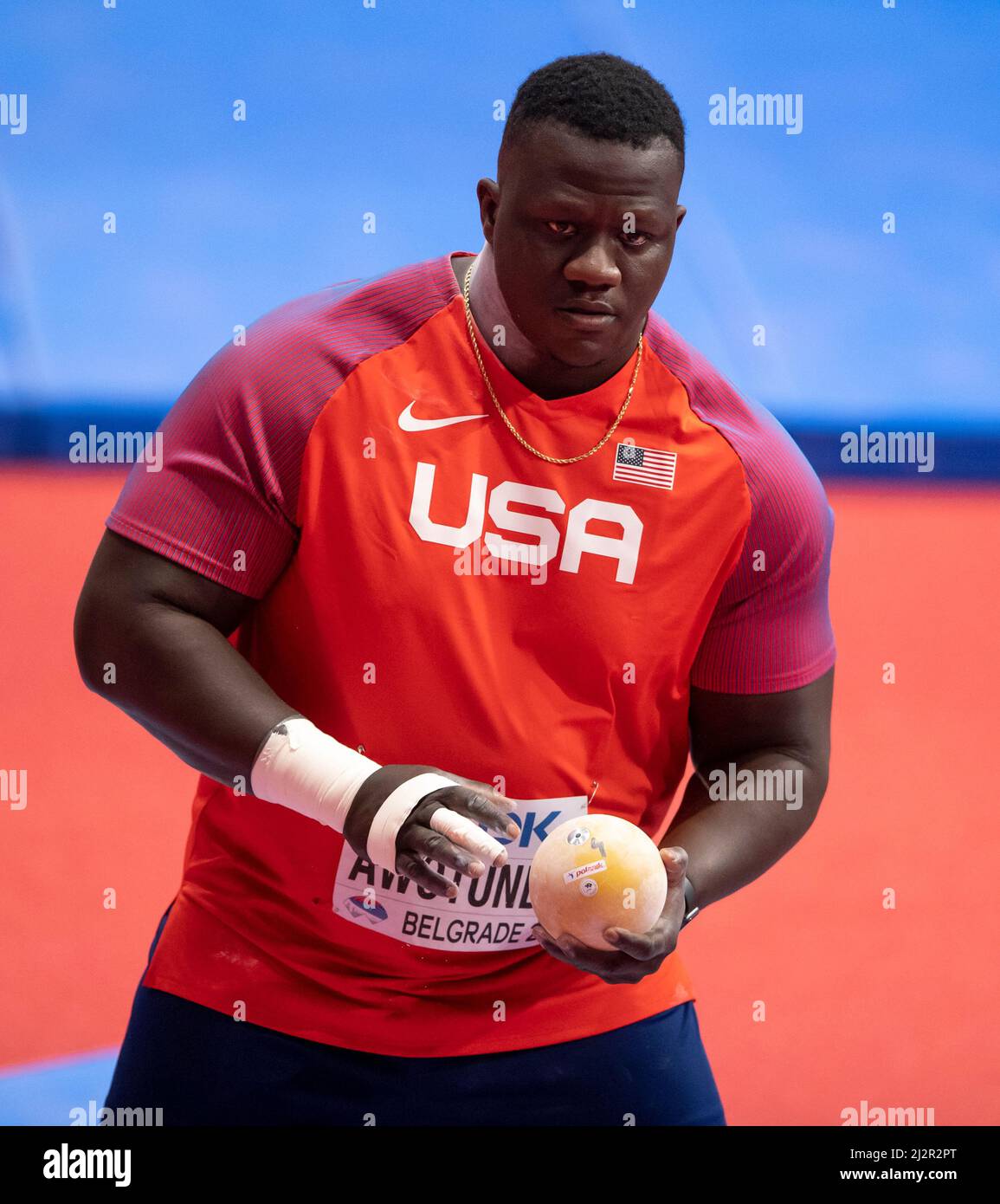 Josh Awotunde USA competing in the men’s shot put on Day Two of the World Athletics Indoor ...