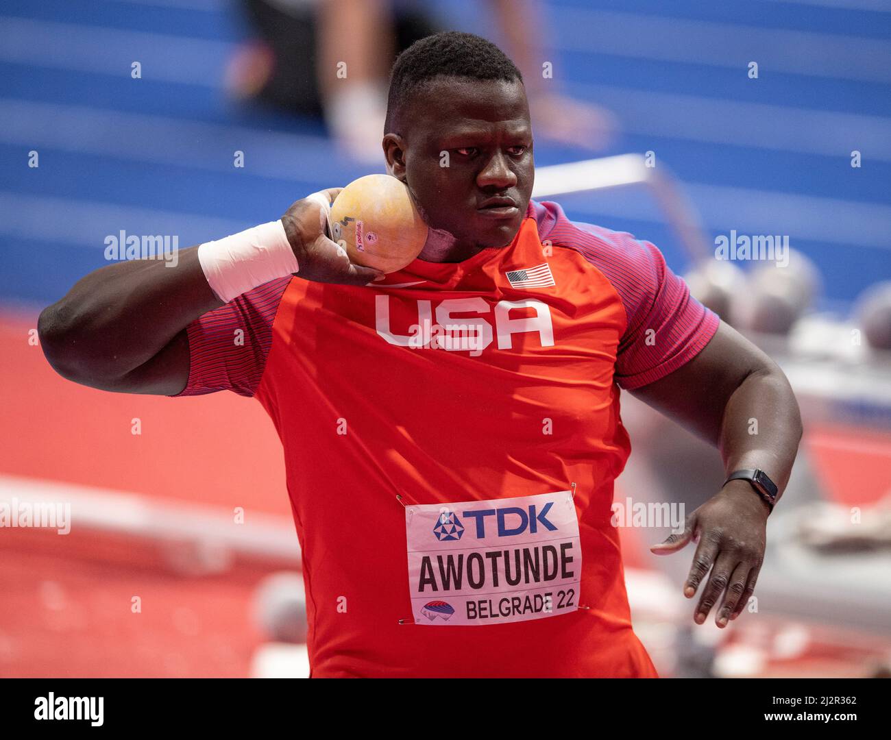 Josh Awotunde USA competing in the men’s shot put on Day Two of the World Athletics Indoor ...