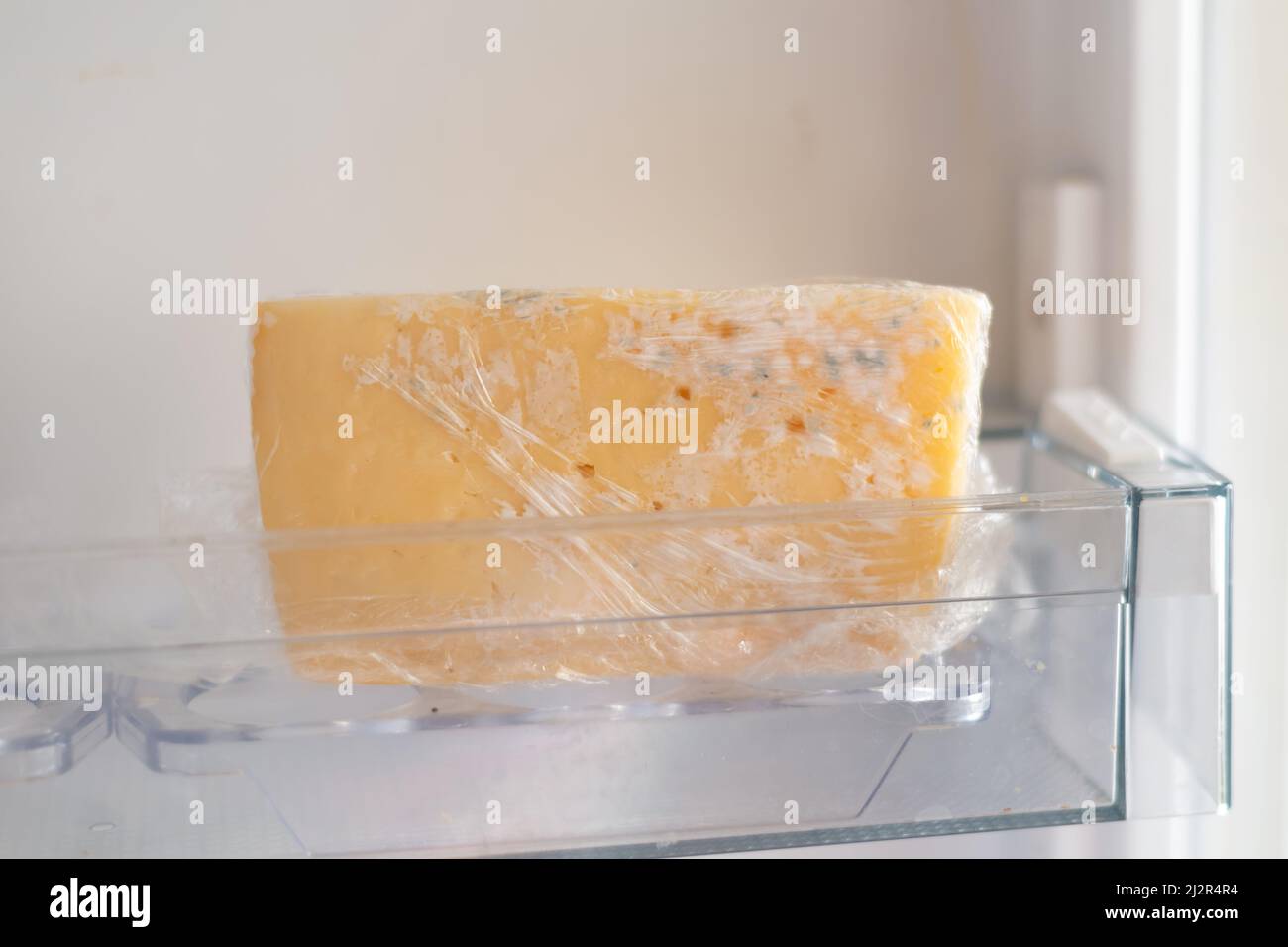 Moldy cheese wrapped in cling film in the refrigerator. Incorrect ...