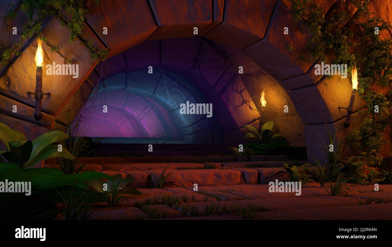 Mysterious gate to the shining cave. Fantasy world. 3D render ...