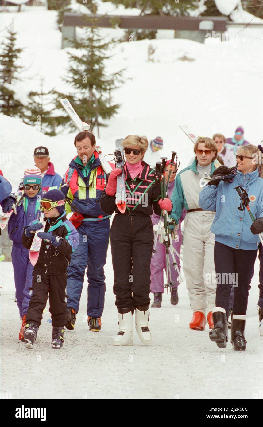 HRH The Princess of Wales, Princess Diana, enjoys a ski holiday in Lech ...