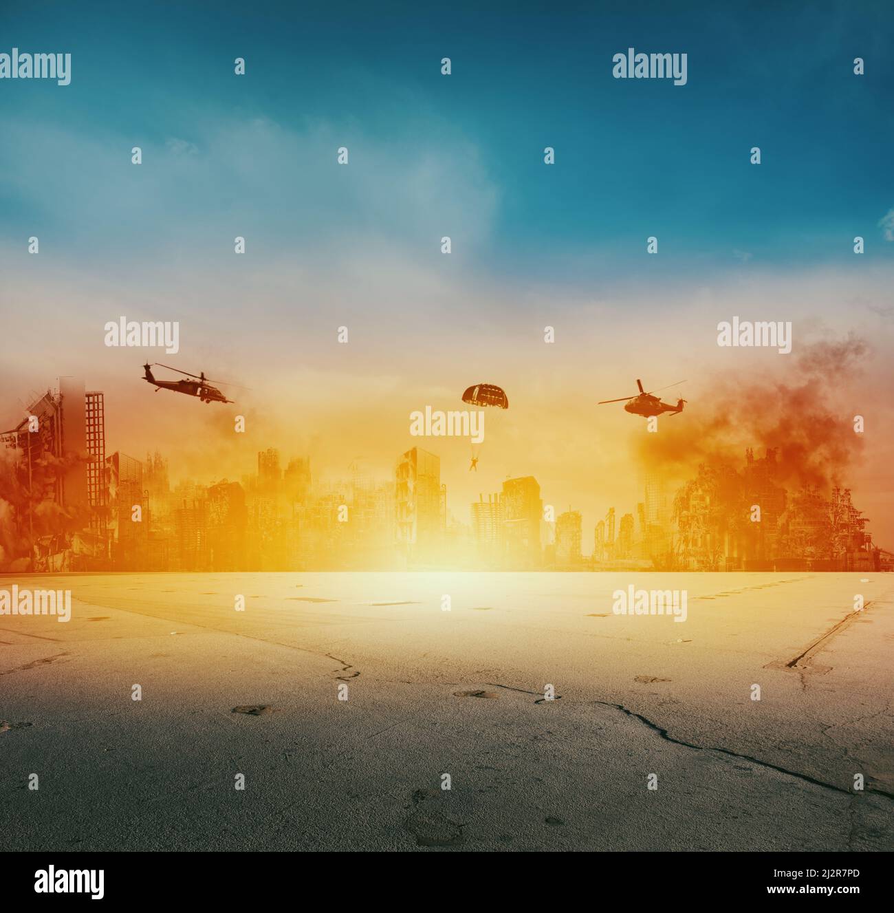 War background with destroyed city and ukraine color Stock Photo - Alamy