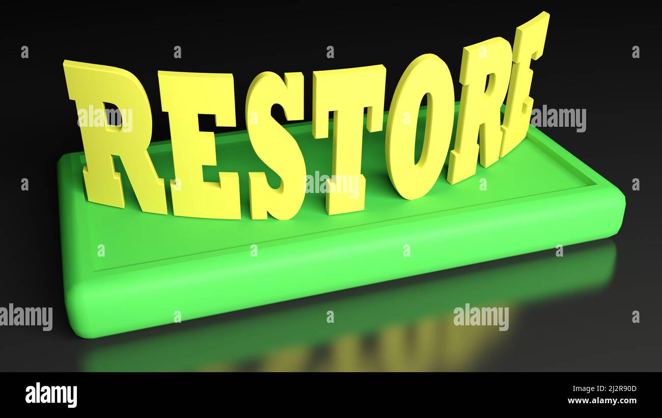 RESTORE yellow write on green stand - 3D rendering illustration Stock ...