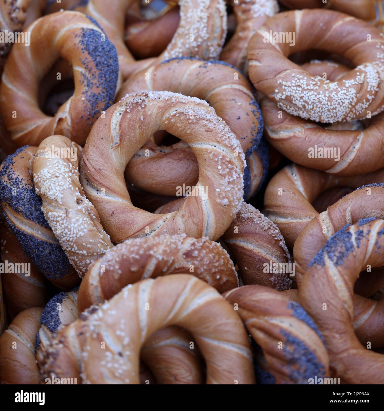 Traditional Cracovian prezels with salt, poppy and sesame seeds Stock ...