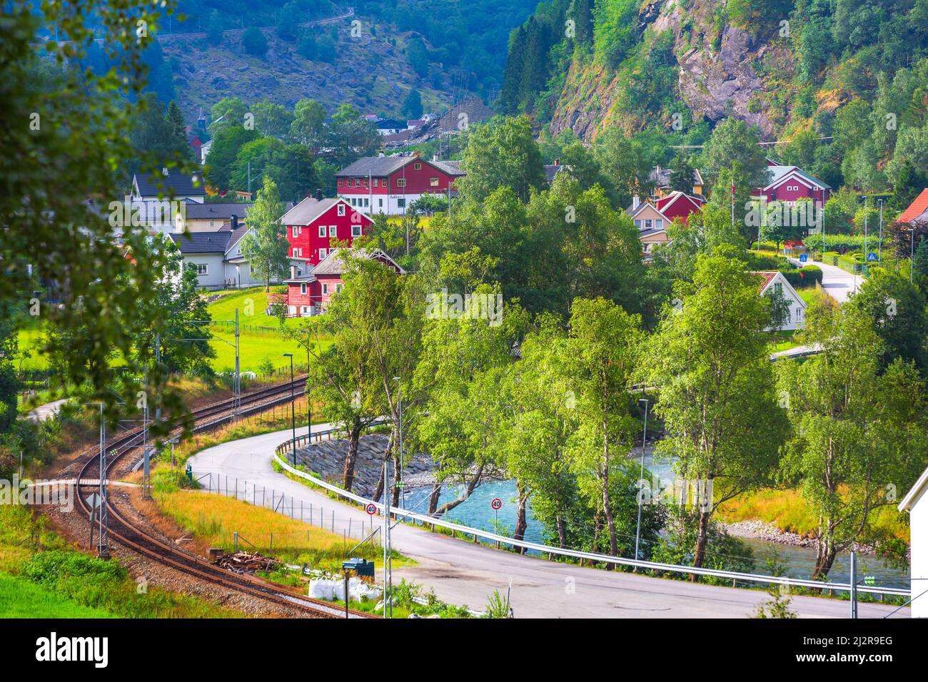 Norwegian fjord village landscape near Flam, Norway and Myrdal railway. Tourism vacation and ...
