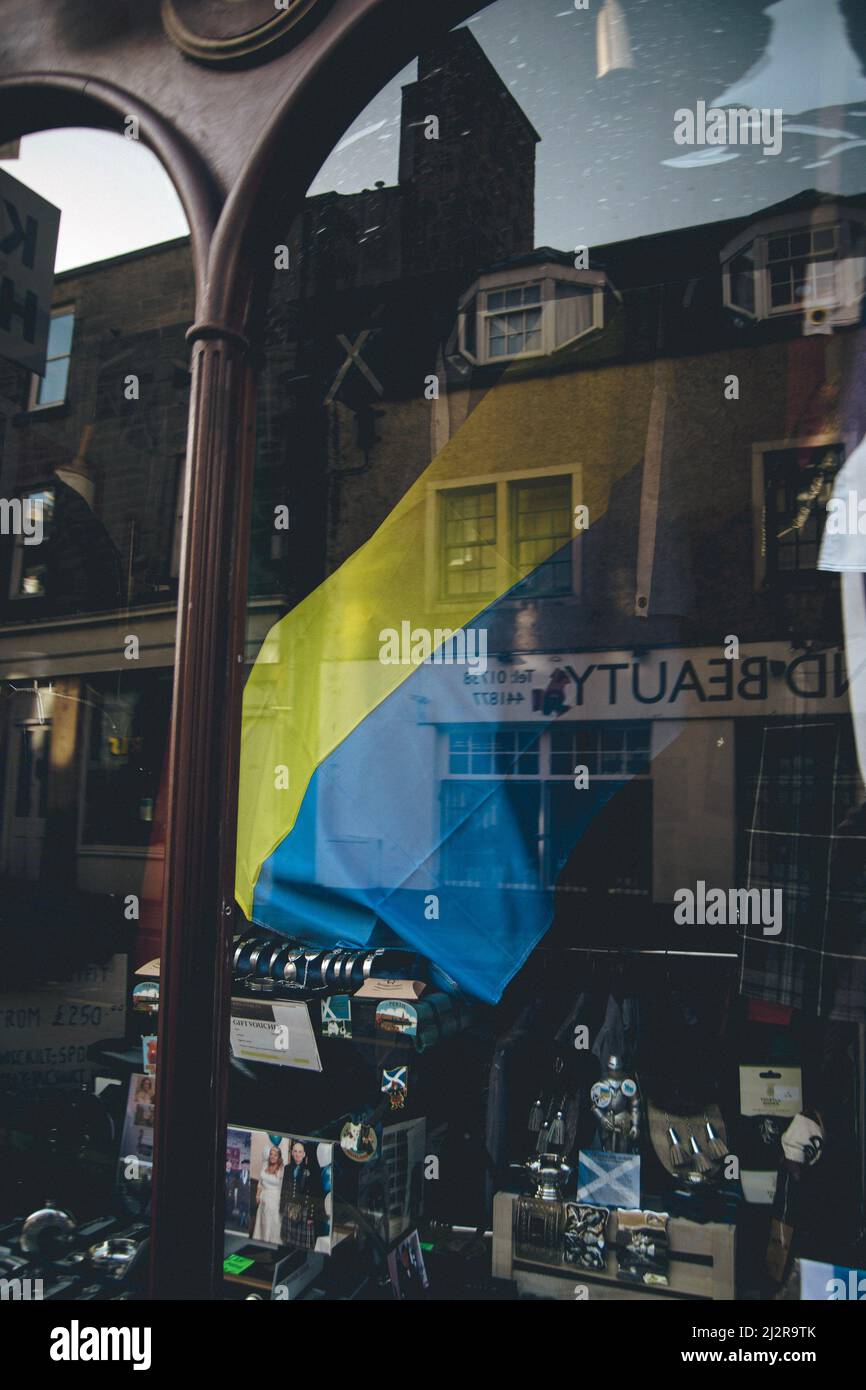 Kilt shop in the City of Perth, Scotland displays Ukrainian Flags and a ...