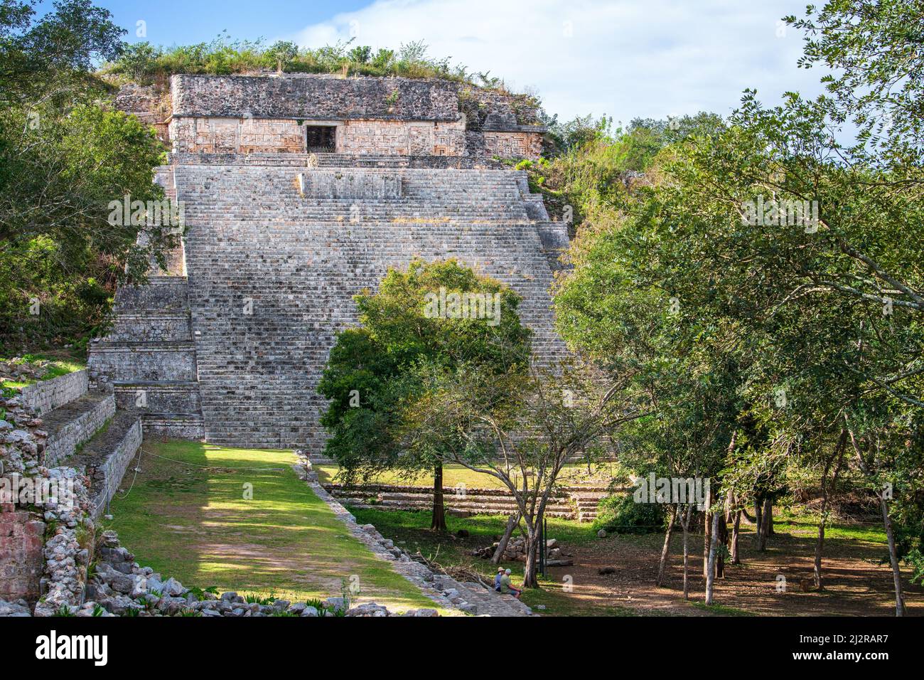 Massive ruins of Mayan Uxmal Great Pyramid with an ornamented temple at ...