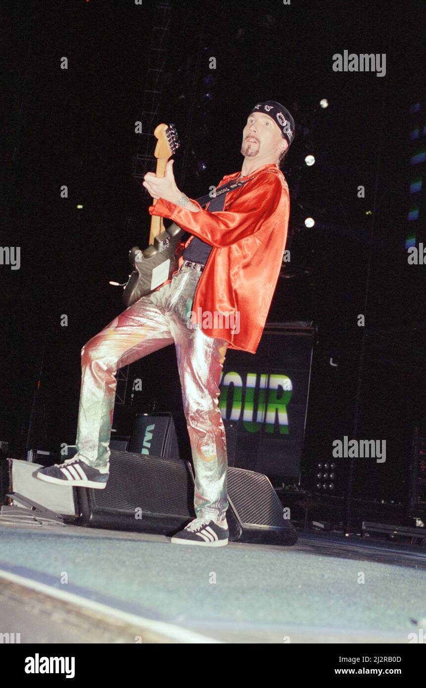 U2 in concert, Zoo TV Tour, Wembley Stadium. The Edge pictured on stage ...