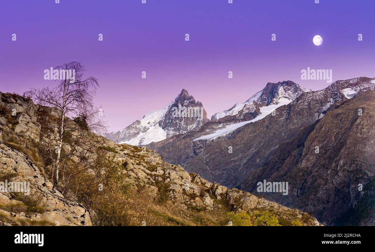 Moon over La Meije and Le Rateau peaks, Ecrins national park, Alps ...