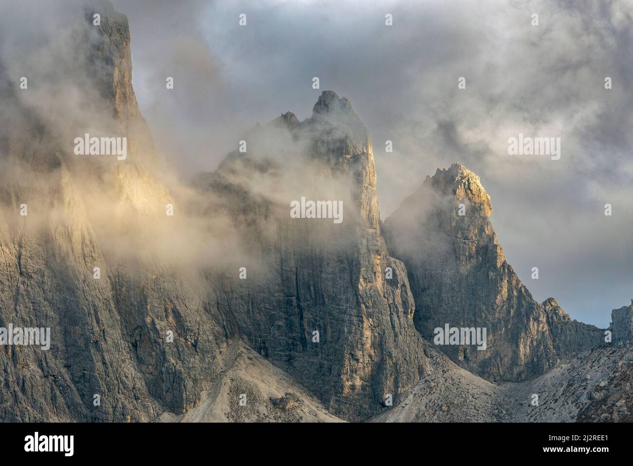 Sunbeams over Torri del Sella at Sella mountain range, Dolomites ...