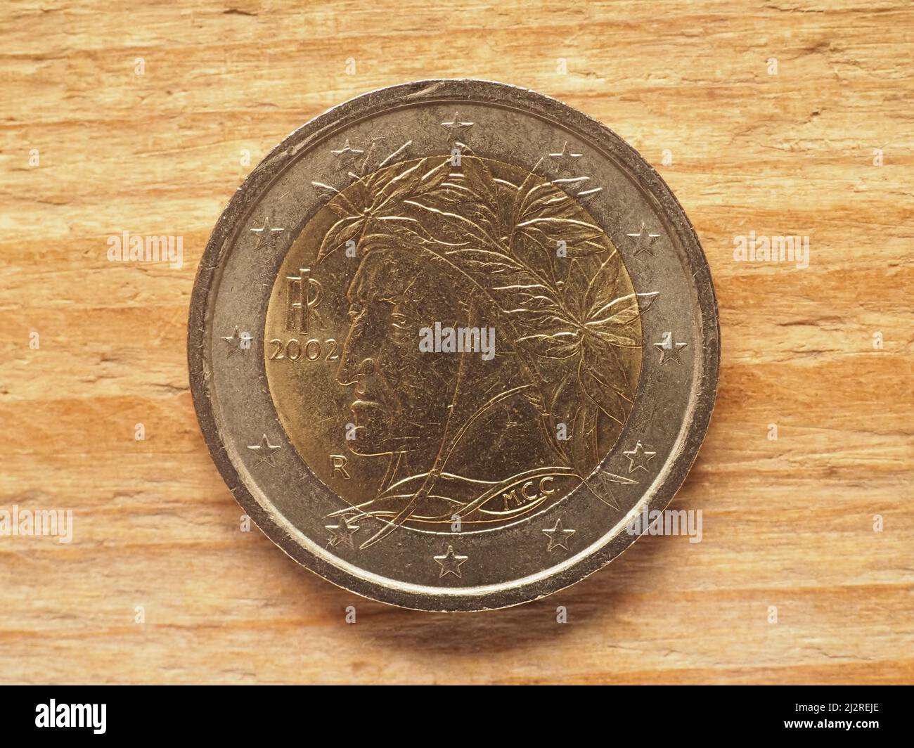 two euro coin, Italian side showing portrait of poet Dante Alighieri by ...