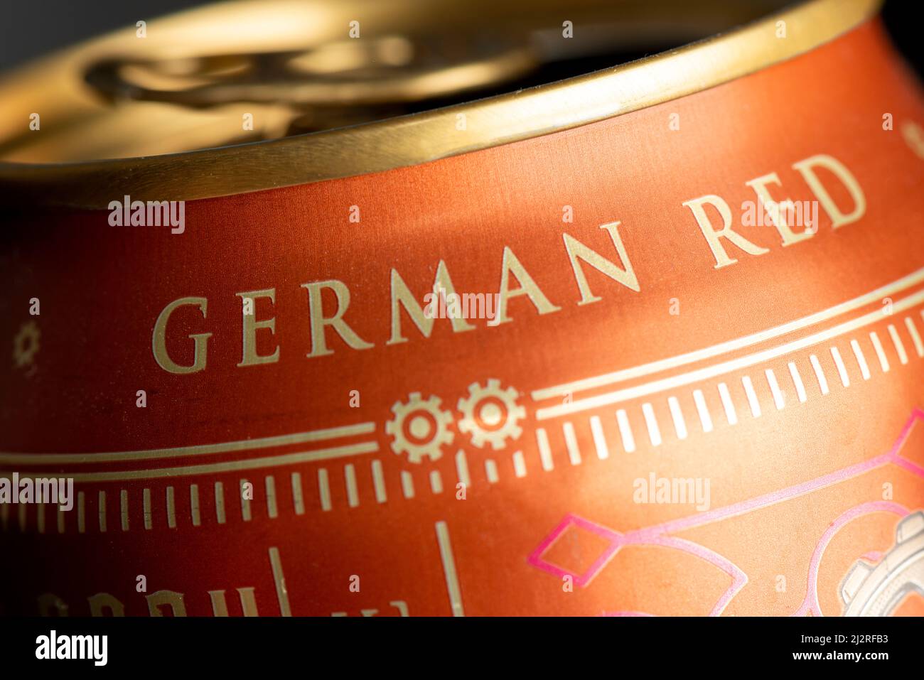 German red Steam Brew beer close up detail on black Stock Photo - Alamy
