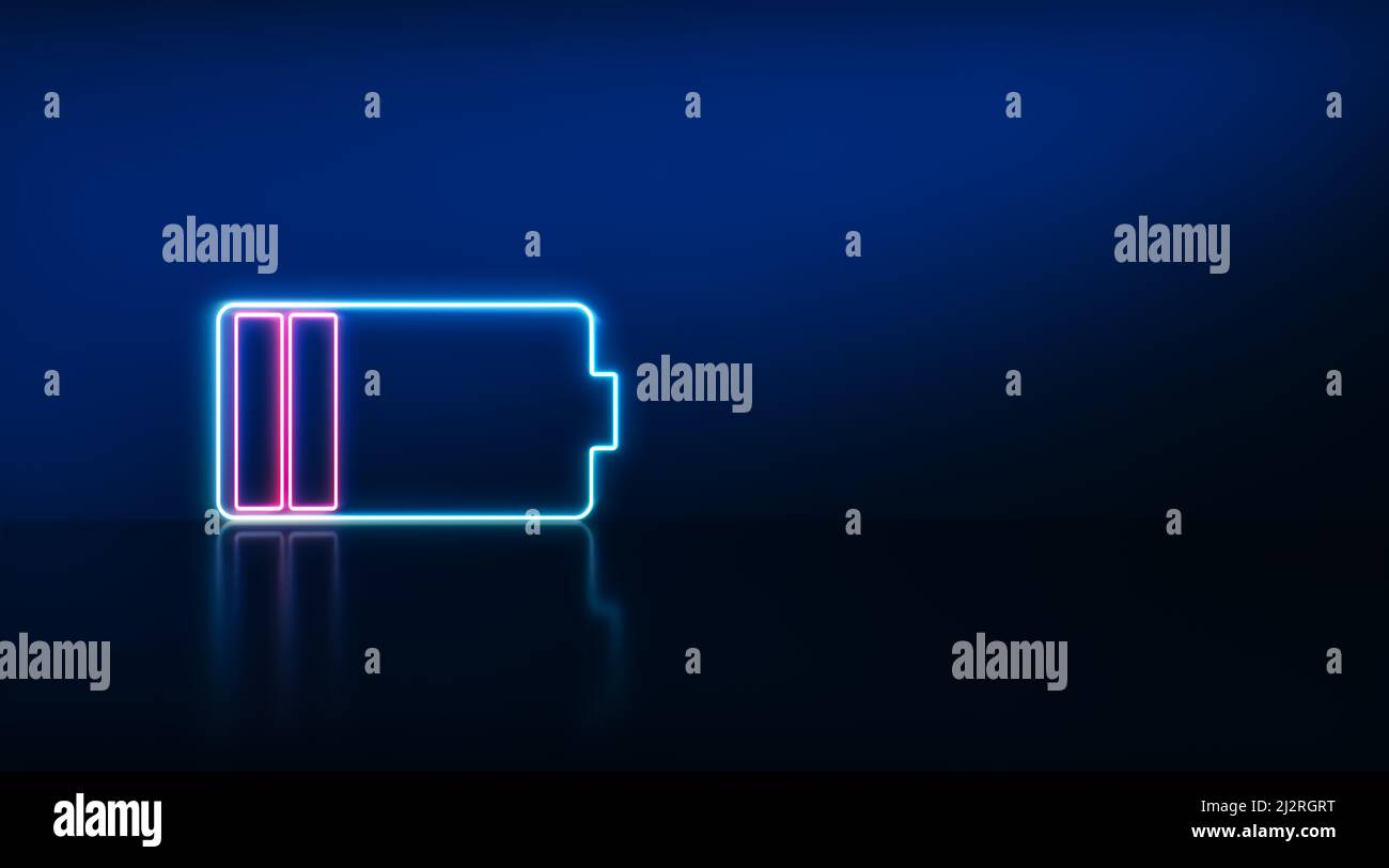 Low battery neon sign. Charger glowing level indicator. Low battery ...