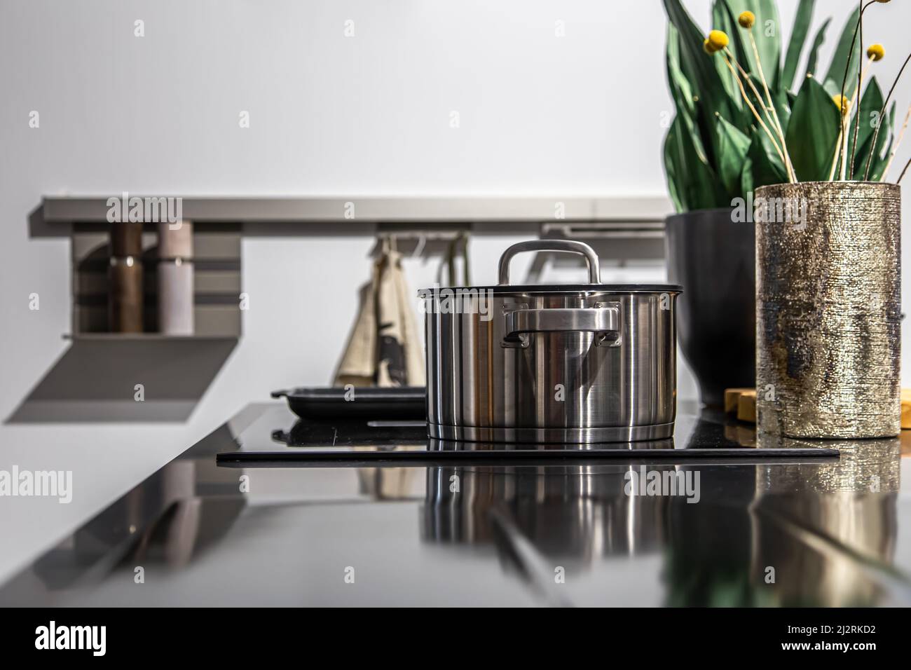 Close-up, modern steel pan in the interior of the kitchen Stock Photo ...