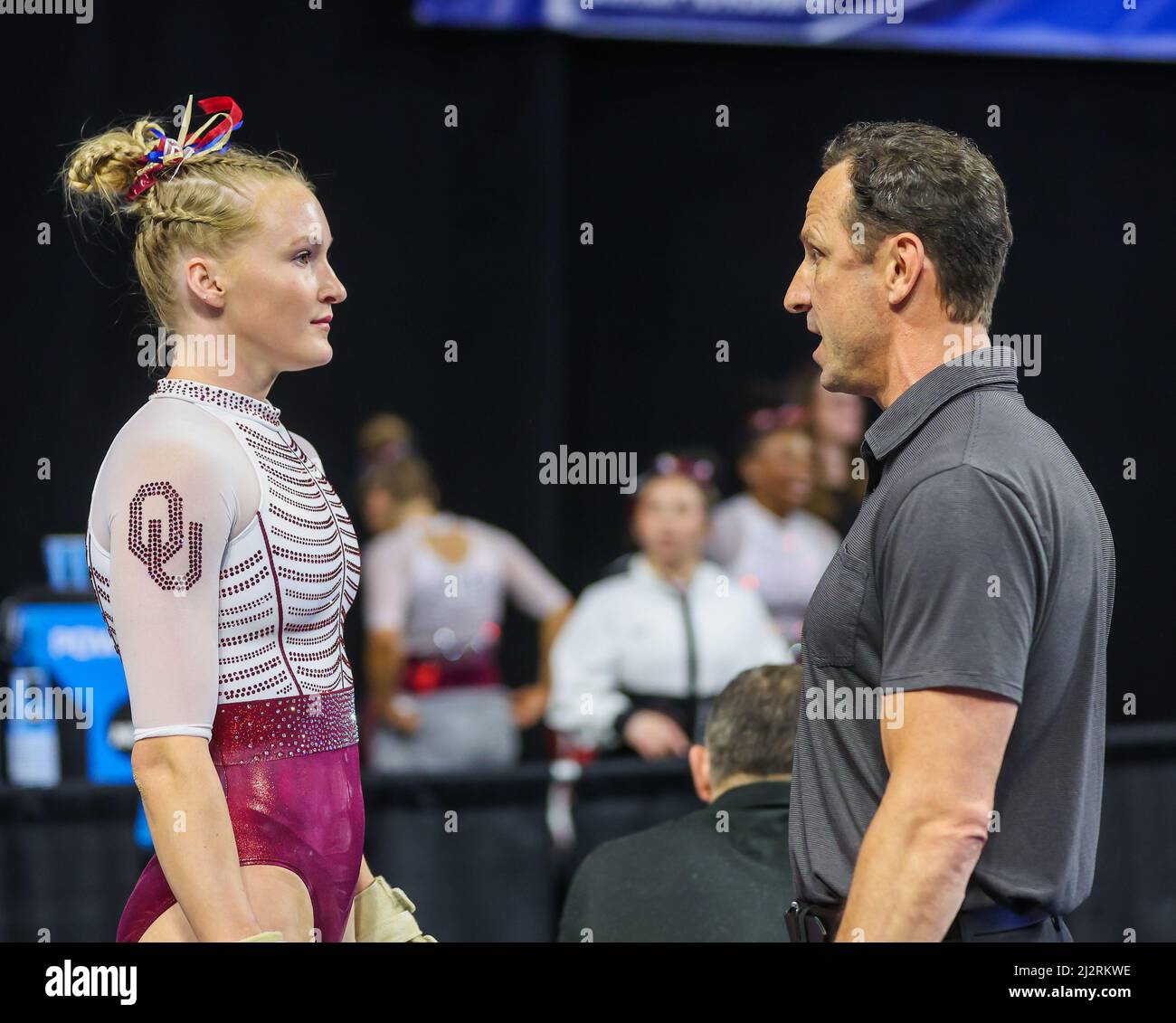 Norman, OK, USA. 2nd Apr, 2022. Oklahoma's Bell Johnson speaks with ...
