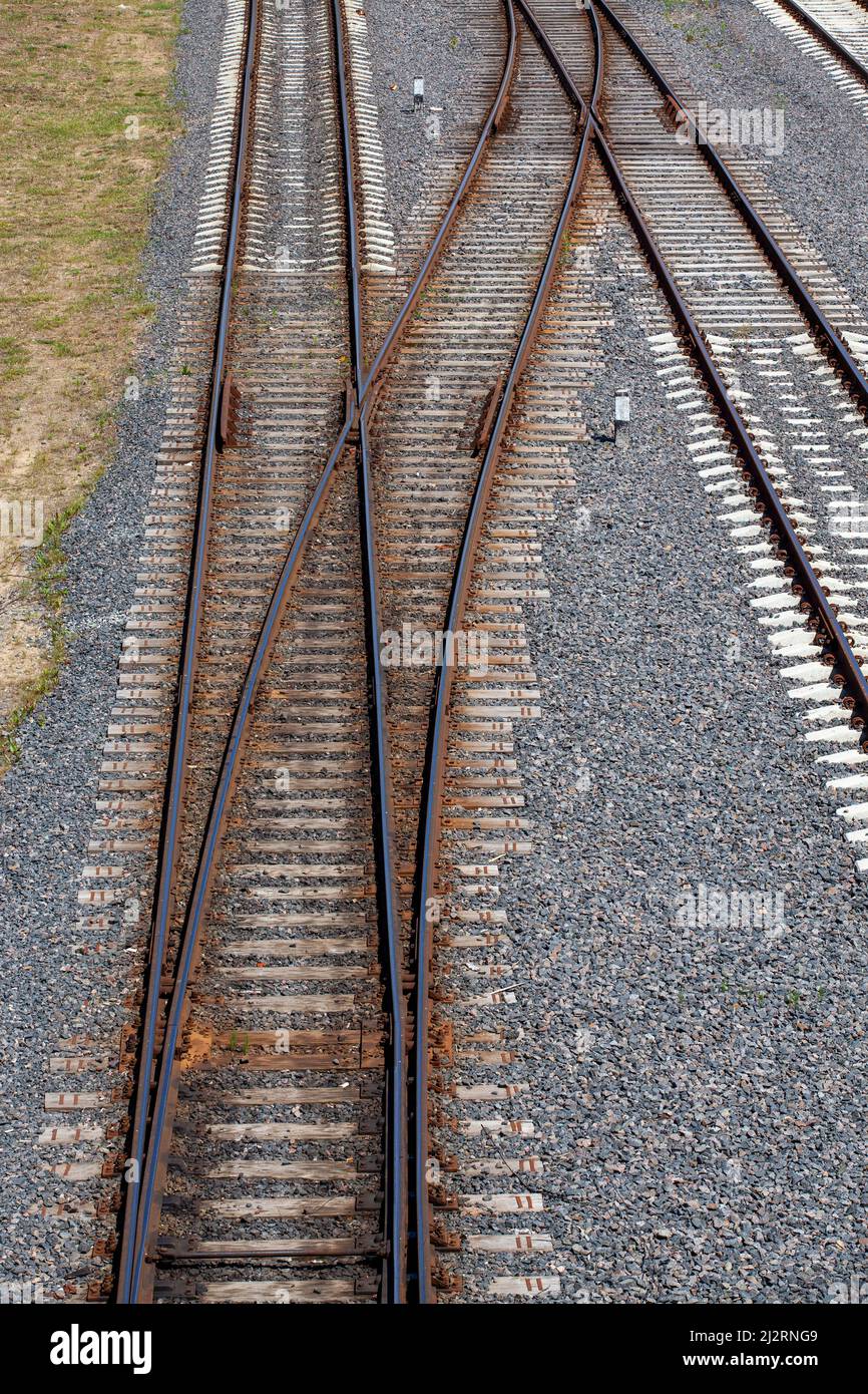 railway with beams and metal rails, part of the railway for train ...