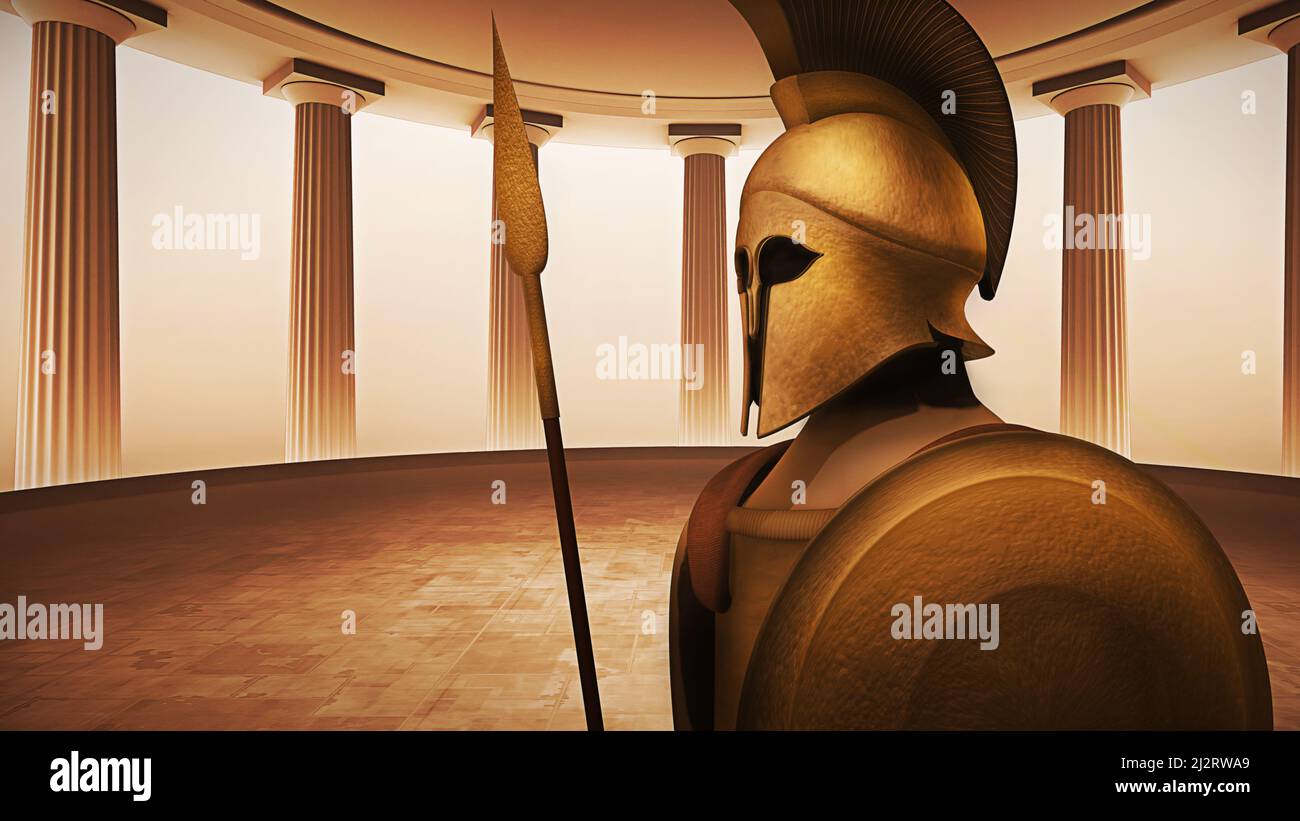 Ancient Spartan (Greek) warrior in a temple . A 3D illustration concept ...