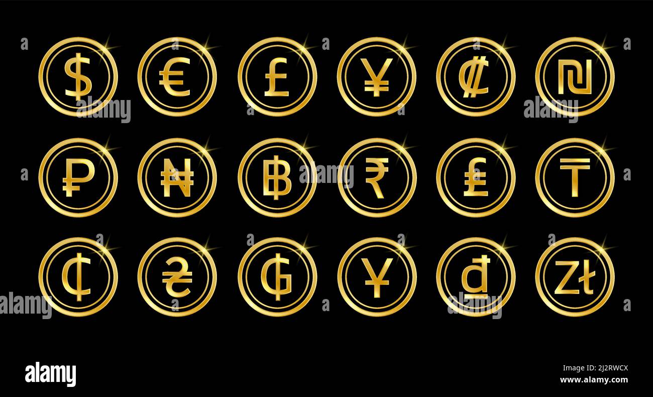 World golden currency icons and symbols. Vector illustration Stock ...