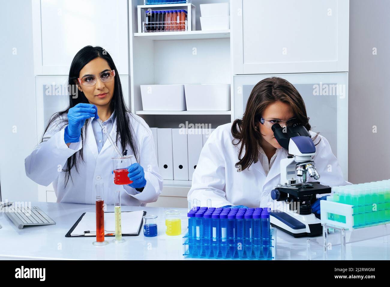 Two beautiful young female scientists working in laboratory with test ...