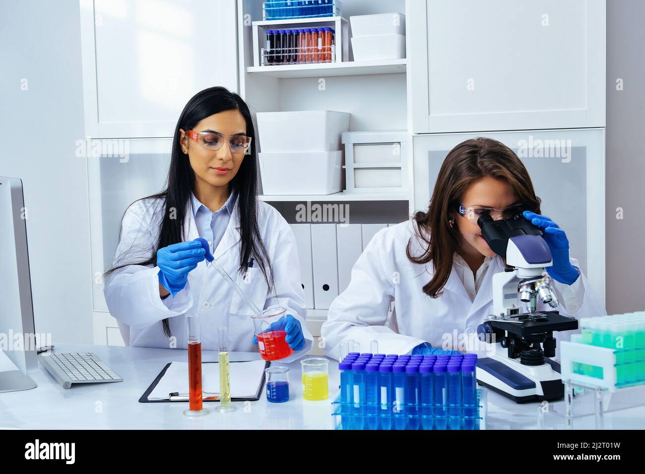 Two beautiful young female scientists working in laboratory with test ...