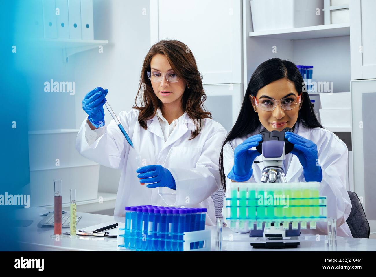 Two beautiful young female scientists working in laboratory with test ...