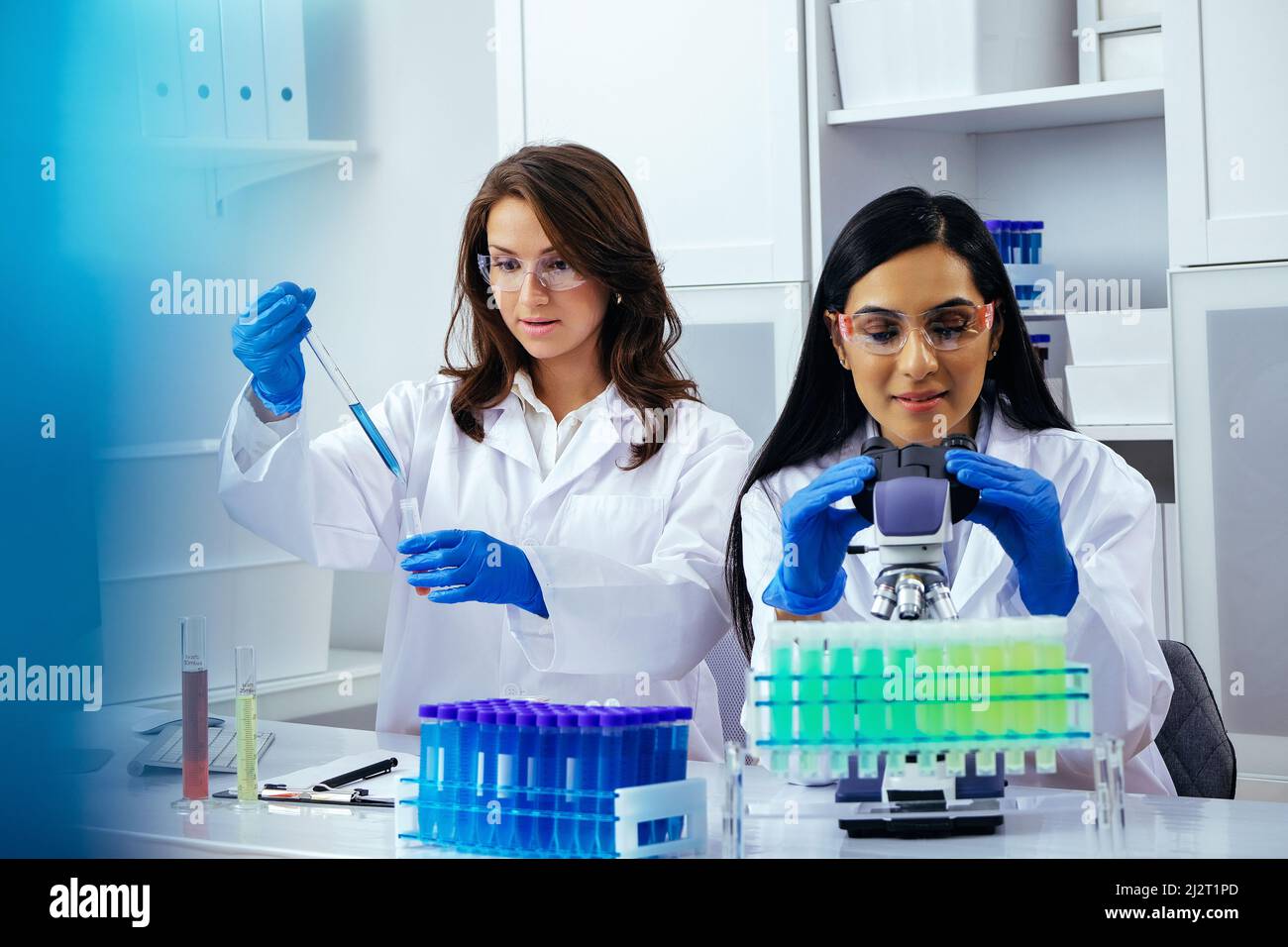 Two beautiful young female scientists working in laboratory with test ...