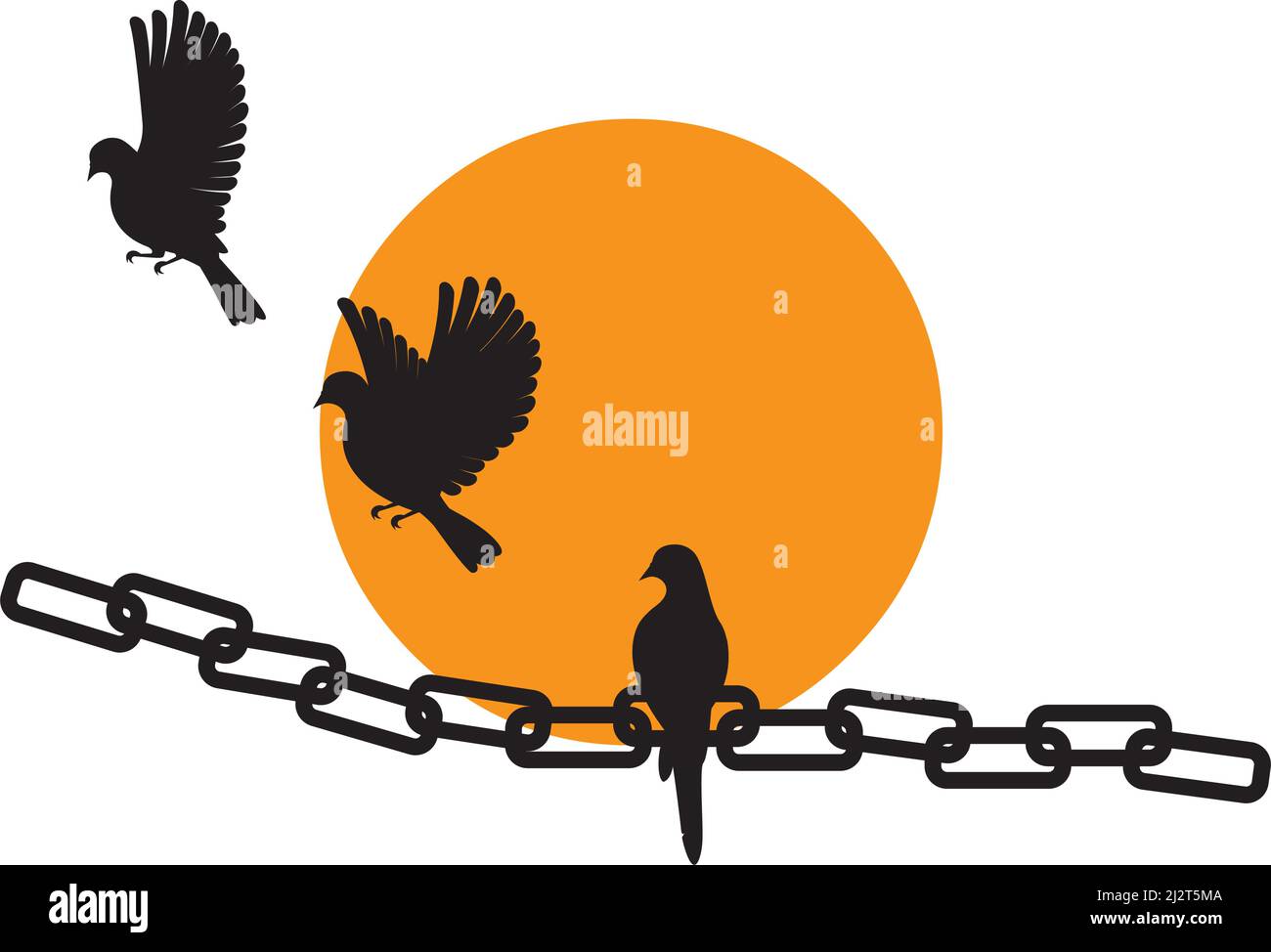Flying bird silhouette and bird on chain isolated on white background ...