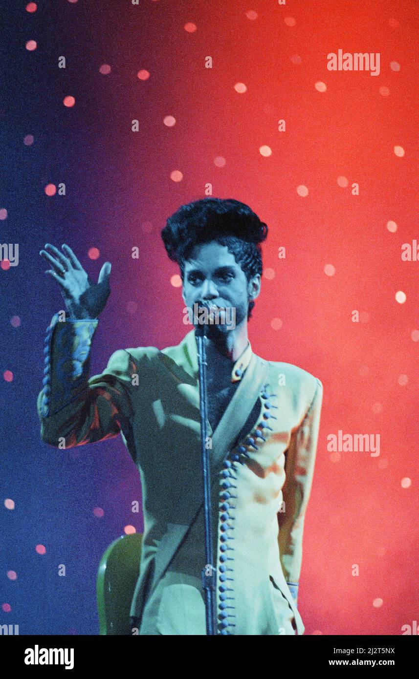 American pop star Prince performing on stage at Earls Court, London ...