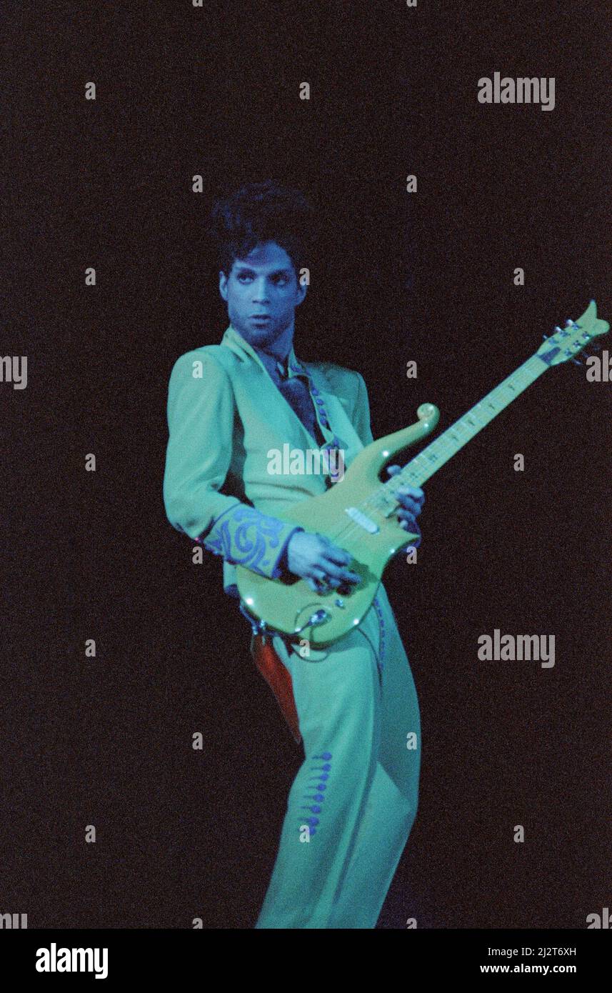 American pop star Prince performing on stage at Earls Court, London ...