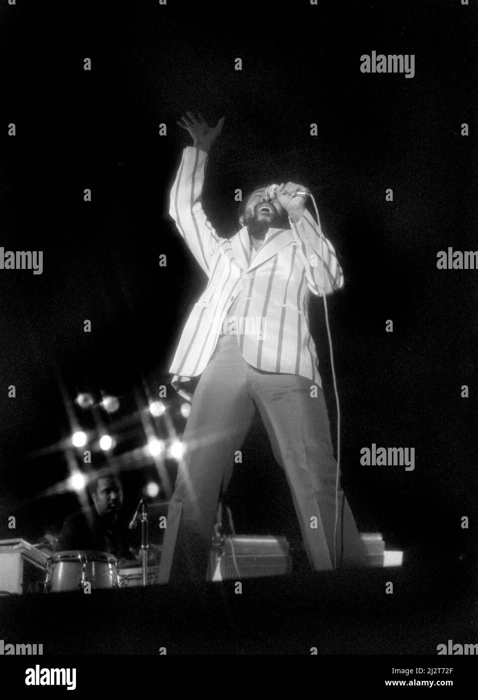 Marvin Gaye performing at the Bingley Hall, Birmingham, England in 1976 ...